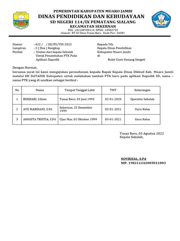 Surat PTK Ke Dapodik | PDF Surat PTK Ke Dapodik | PDF
