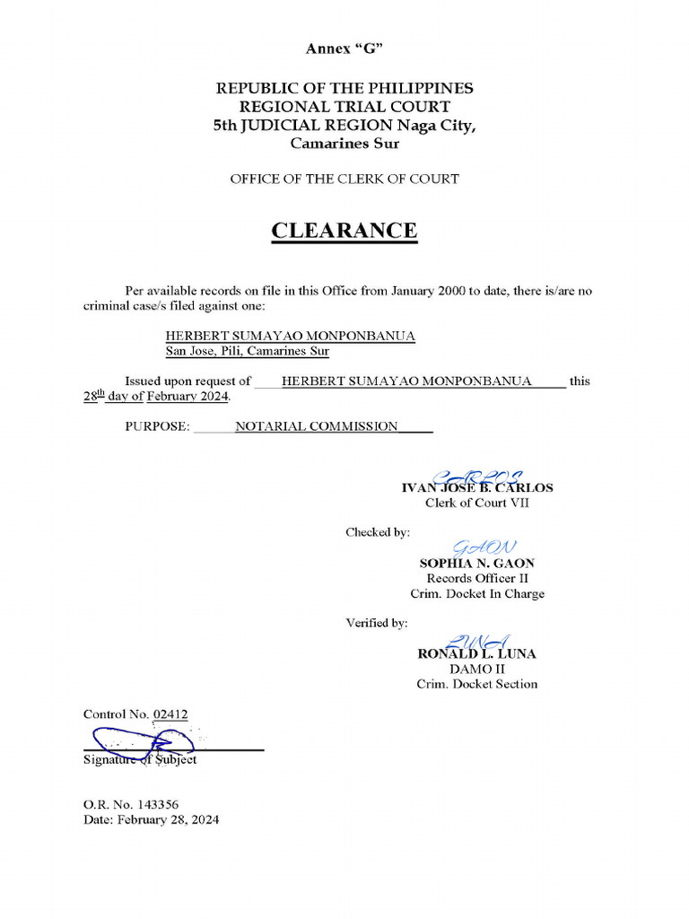 Annex H RTC Clearance | PDF
