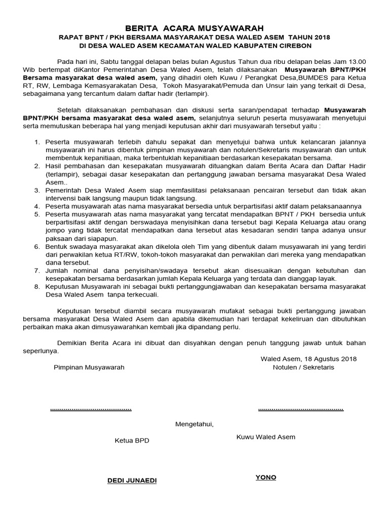 Berita Acara Musyawarah Desa Waled Asem | PDF