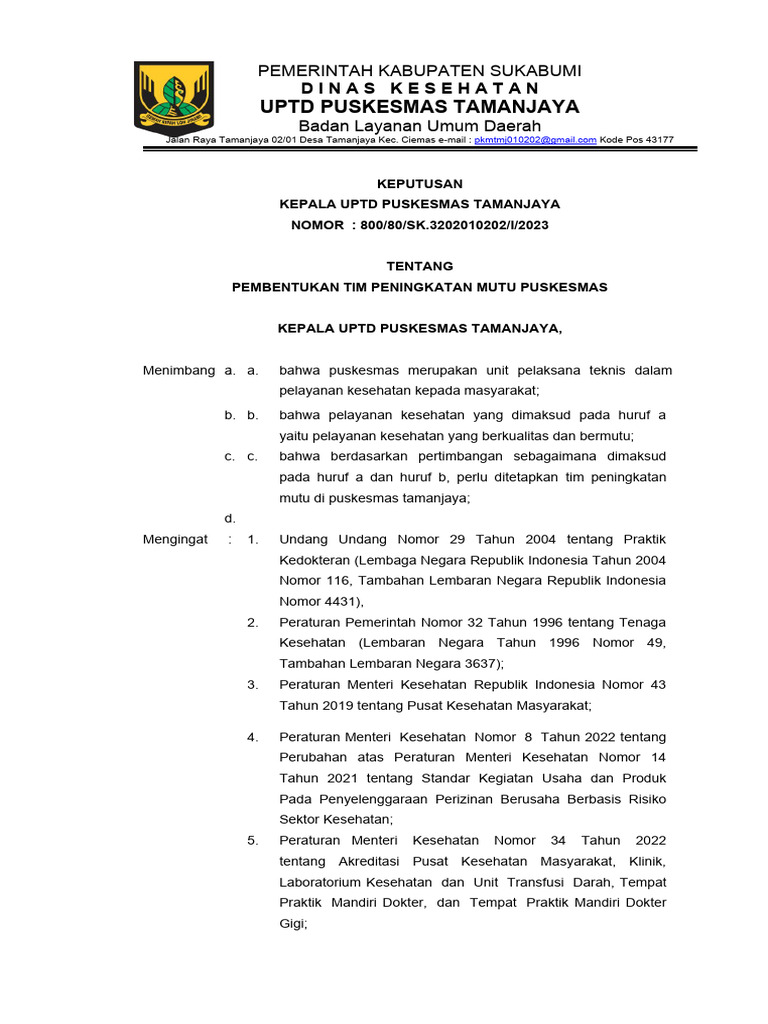 5.1.1 a SK Pembentukan Tim Mutu, Uraian Tugas dan Program Kerja Tim | PDF