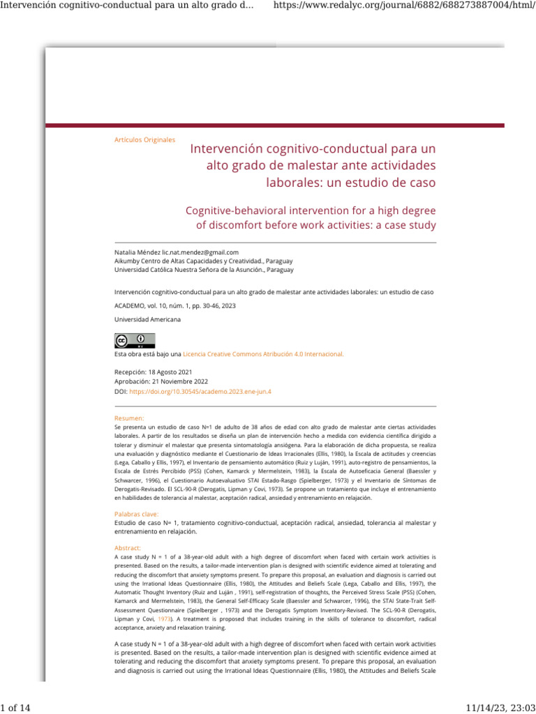 Intervención Cognitivo-Conductual para Un Alto Grado de Malestar Ante Actividades Laborales Un ...