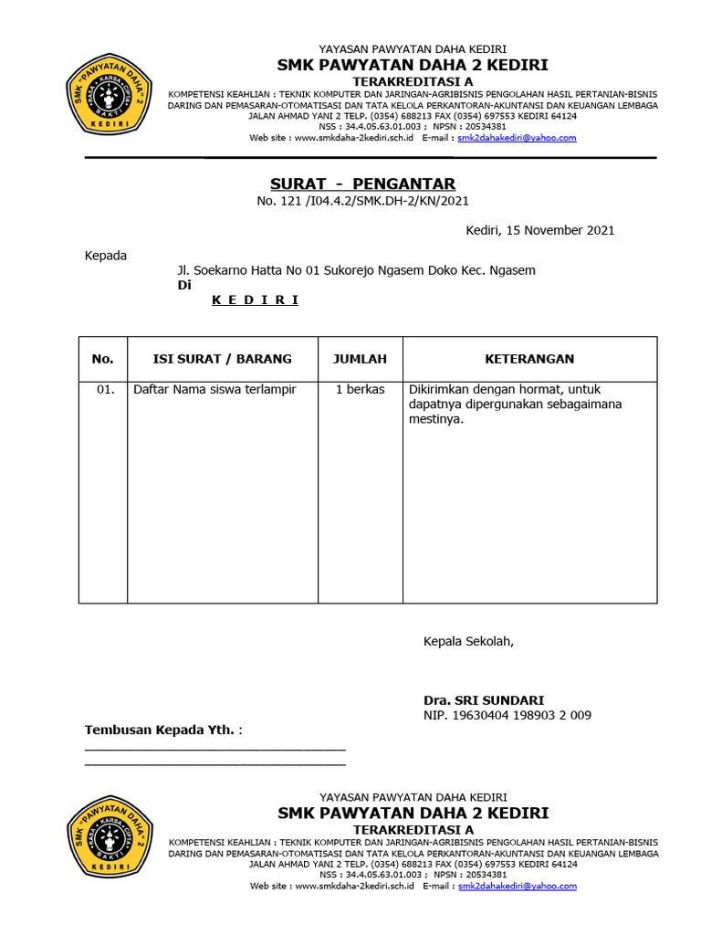 Surat Permohonan Kerjasama Program Magang - SMK Pawyatan Daha 2 Kediri (24122022) | PDF