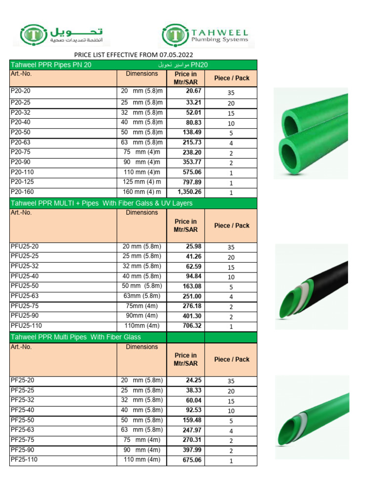 Tahweel PPR Pipes Price List 2022 | PDF | Building Engineering ...