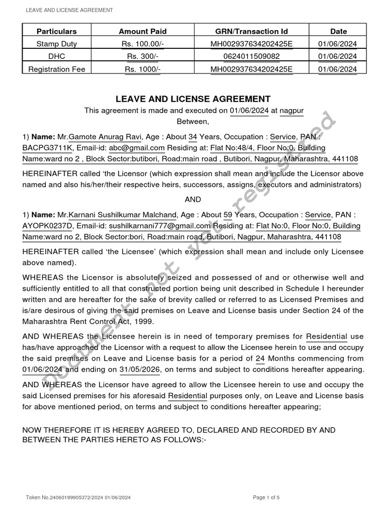 Document Not Yet Registred: Leave and License Agreement | PDF | License | Landlord
