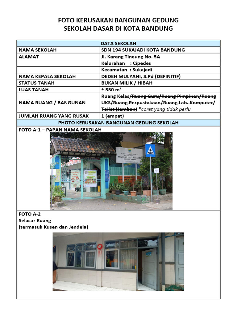 Form Foto Kerusakan Bangunan Gedung_ruang Kelas 194 Ruang 3 | PDF