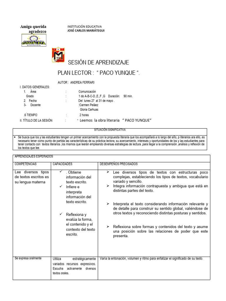 Plan Lector Paco Yunque 3 Pdf Comprensión Lectora Cognición