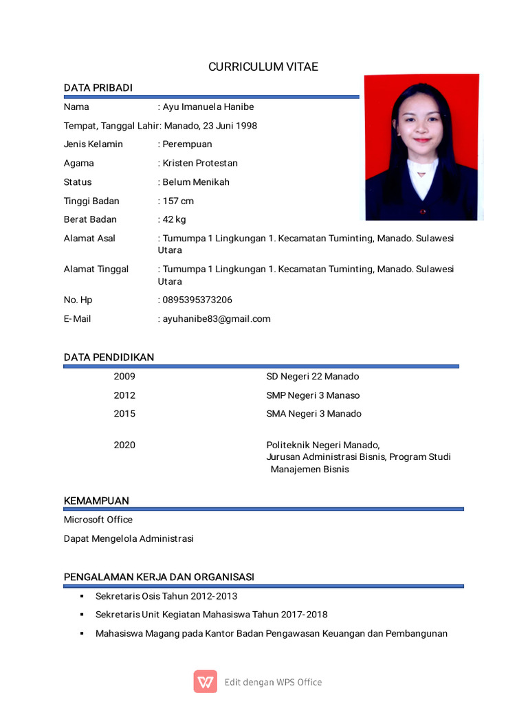 Curriculum Vitae Ayu Imanuela Hanibe | PDF