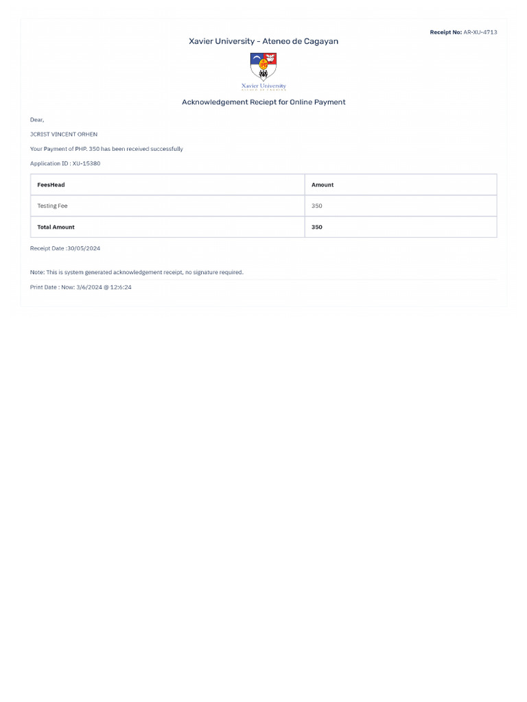 Payment Receipt Sample of Xavier University | PDF