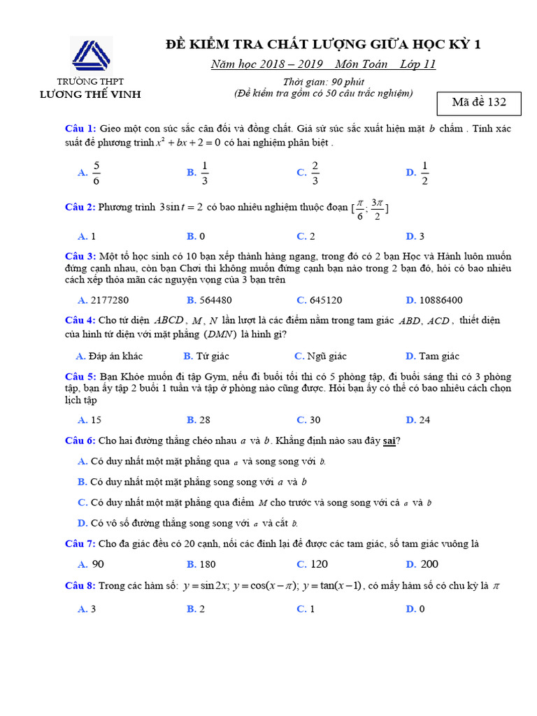 De Kiem Tra Giua hk1 Toan 11 Nam 2019 2020 Truong Luong The Vinh Ha Noi | PDF