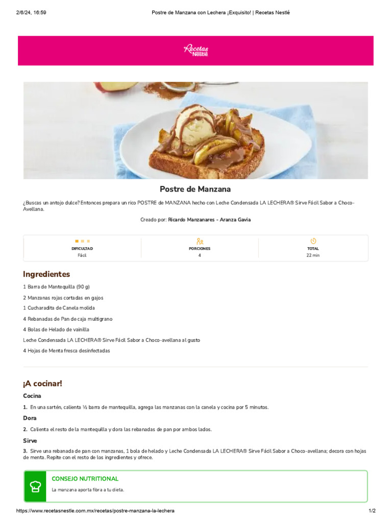 Postre de Manzana Con Lechera ¡Exquisito! - Recetas Nestlé | PDF