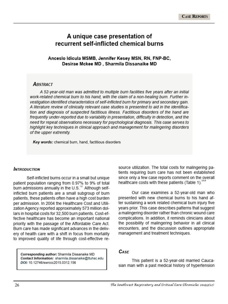 A Unique Case Presentation of Recurrent Self Infleicted Chemical Burns ...