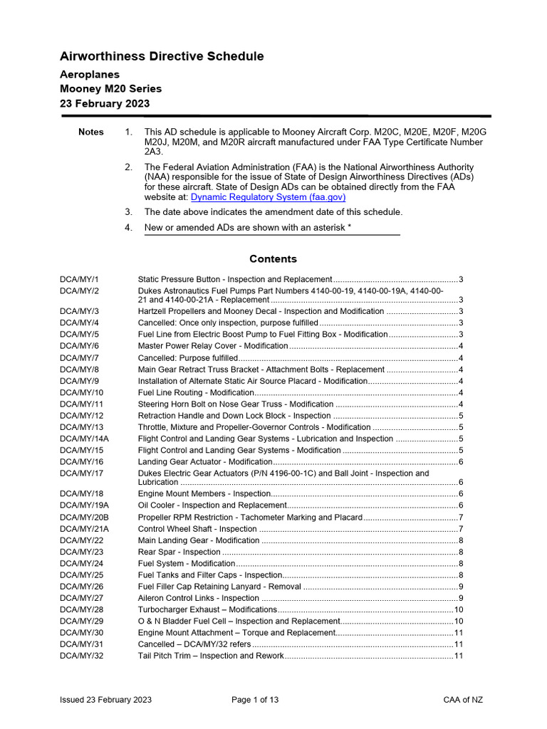 Airworthiness Directive Schedule: Aeroplanes Mooney M20 Series 23 ...