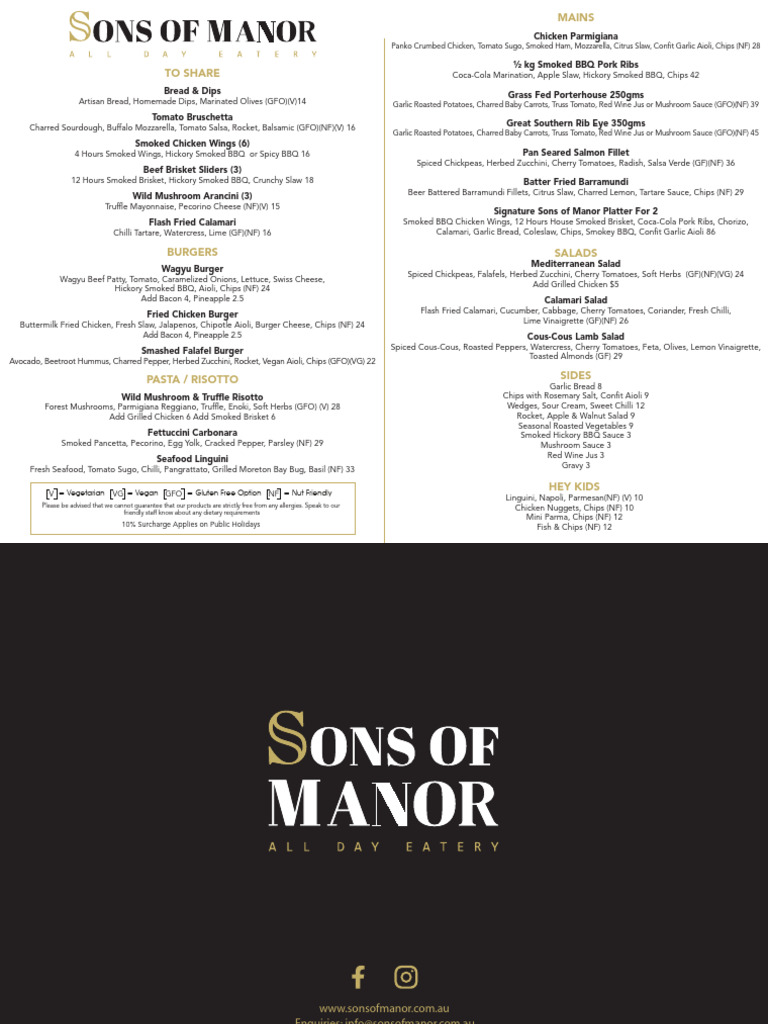 Sons of Manor Dinner Menu APR 2022 Merged | PDF | Hamburgers | Coleslaw