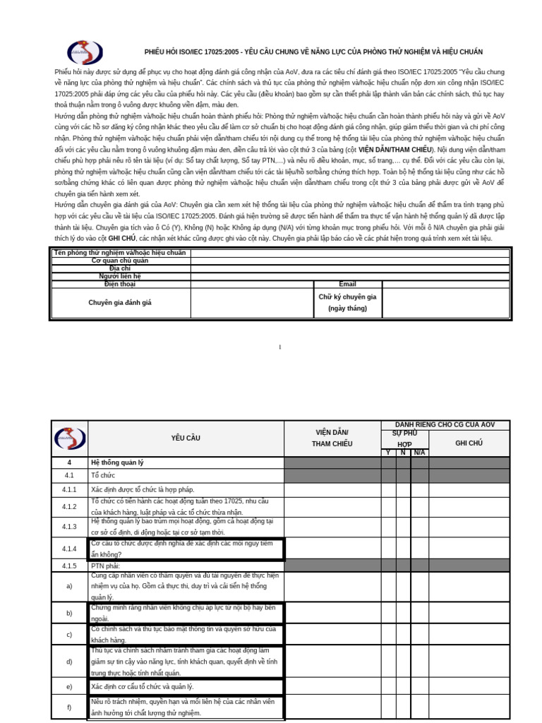 Mẫu Phiếu hỏi ISO - IEC 17025 - 2005 - Yêu cầu chung về năng lực của ...