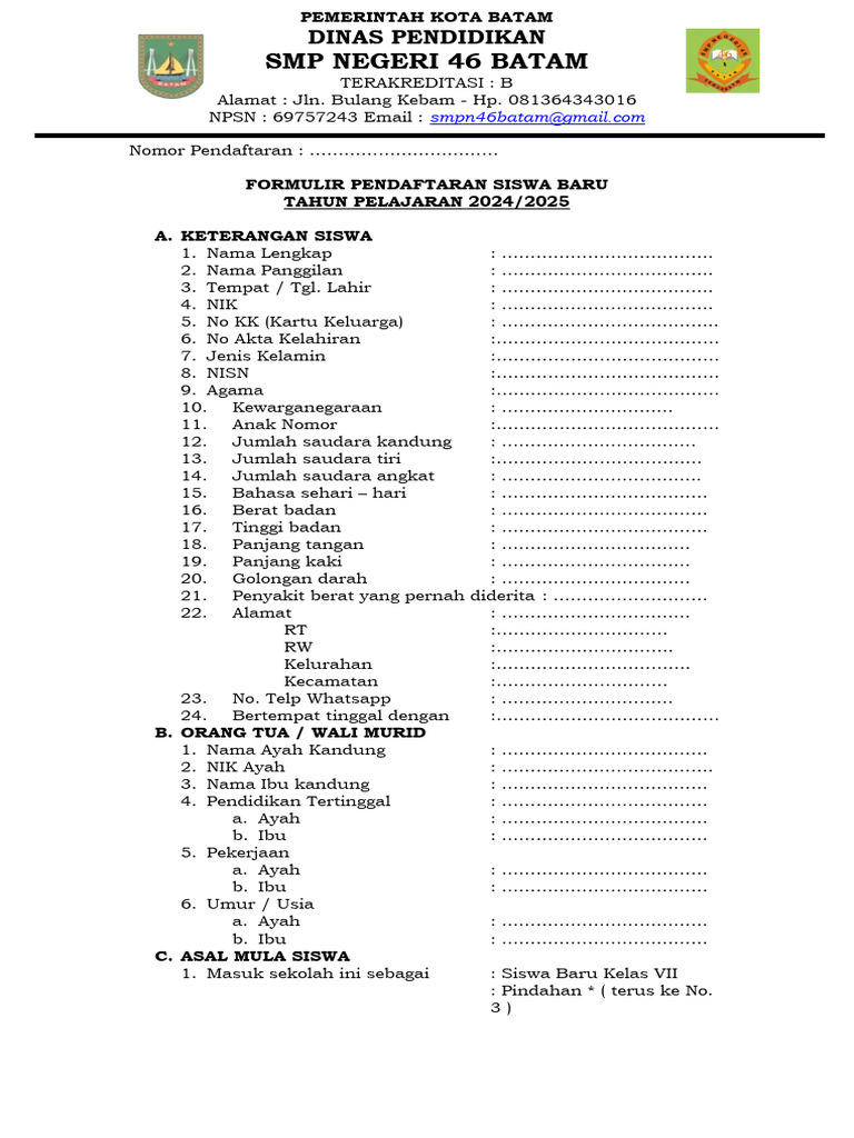 FORM PPDB SMP (30 Rangkap) 2023 V | PDF