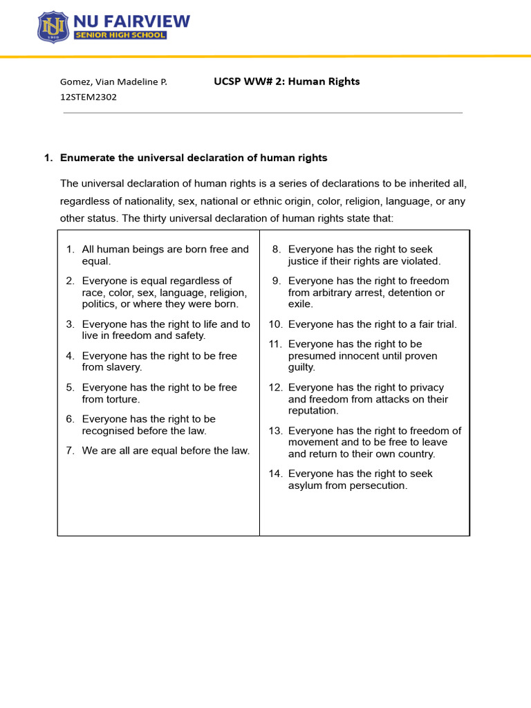 UCSP WW#2 - Human Rights | PDF | Human Rights | Dignity