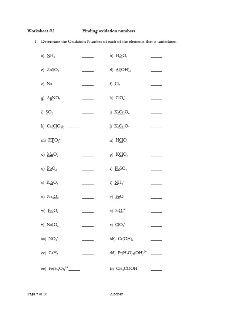 Oxidation Numbers Worksheet | PDF