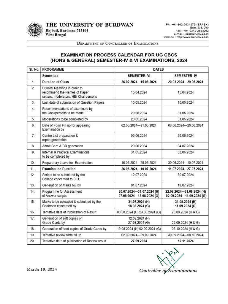 Burdwan University Exam Schedule 2024 | PDF | Educational Stages