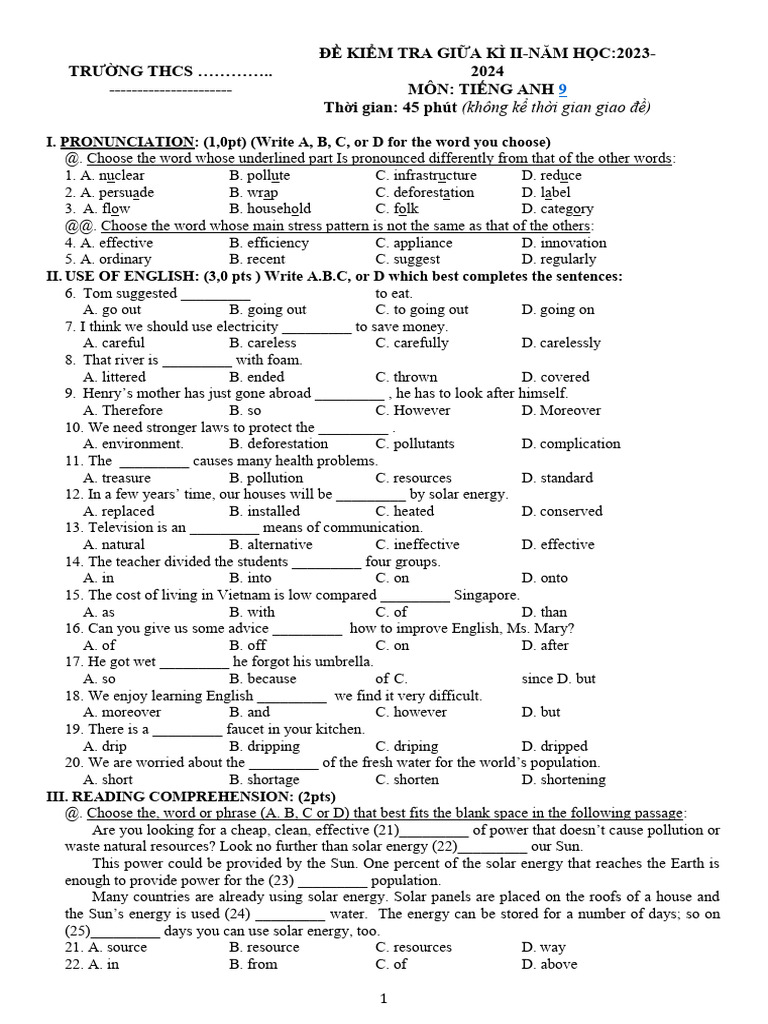 De Thi GHK 2 Tieng Anh 9 de 3 4 5 | PDF | Cost Of Living | Pollution