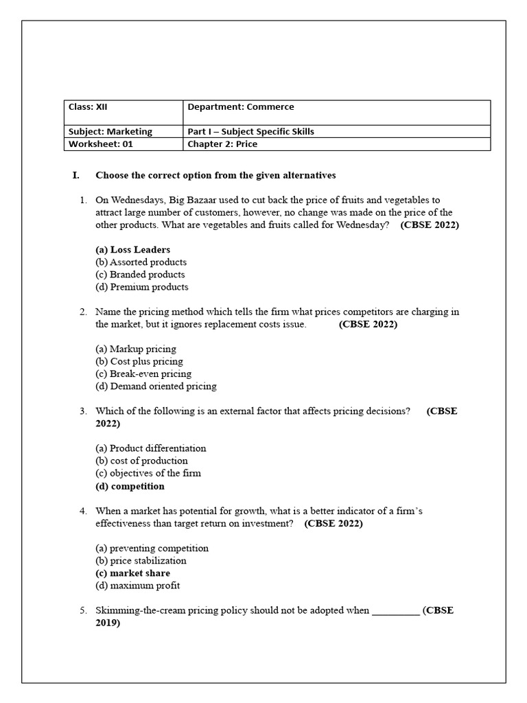 Marketing Pricing Strategies Worksheet | PDF | Pricing | Prices