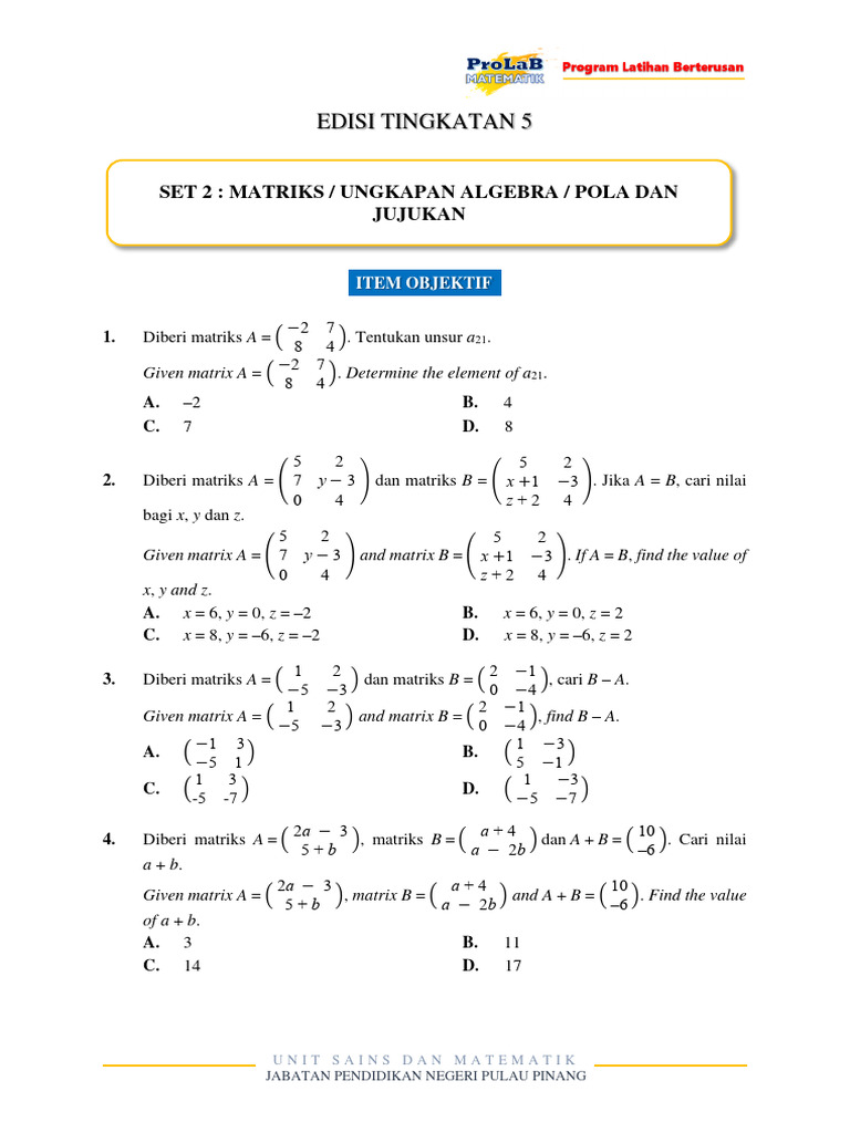 Set 2 Tingkatan 5 SPM Math Prolab | PDF