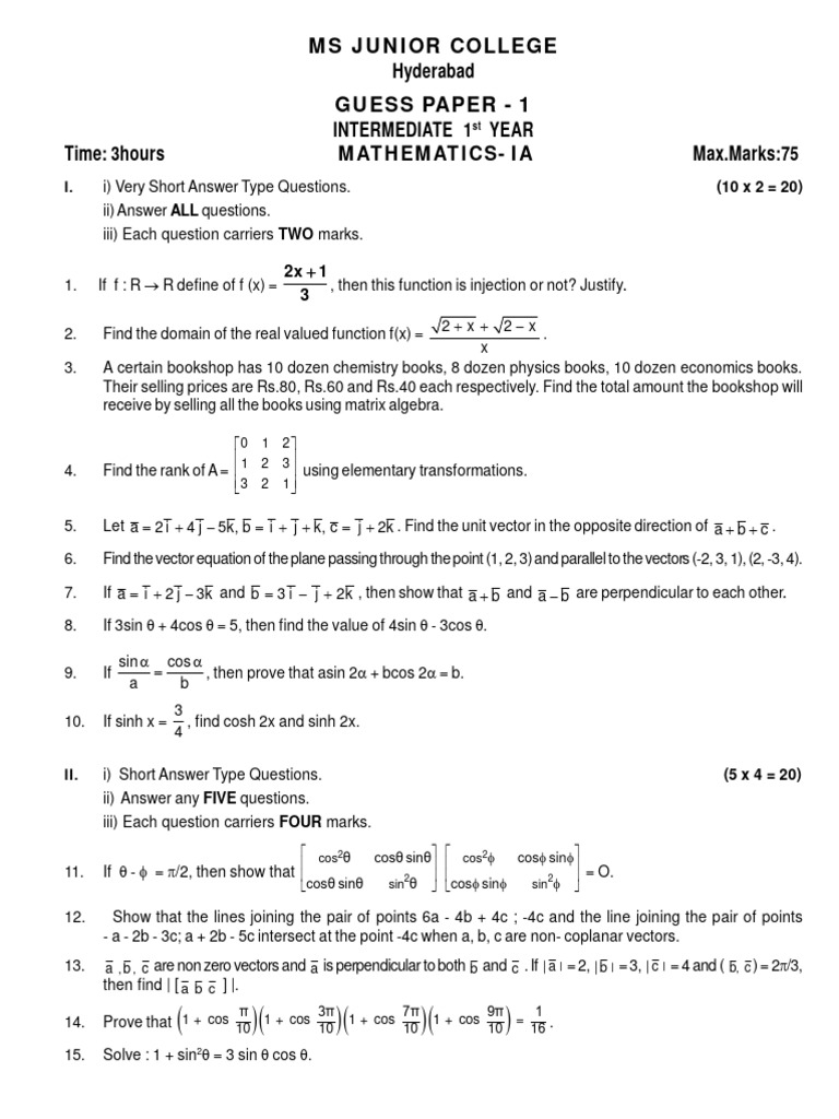 Mathematics Guess Paper for 1st Year | PDF | Function (Mathematics ...