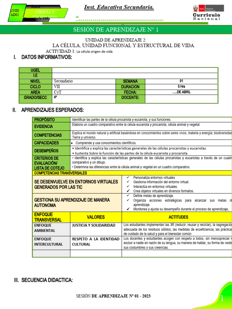 A-4º Ses Act 1-Cyt-Und 2 | PDF | Biología Celular) | Aprendizaje