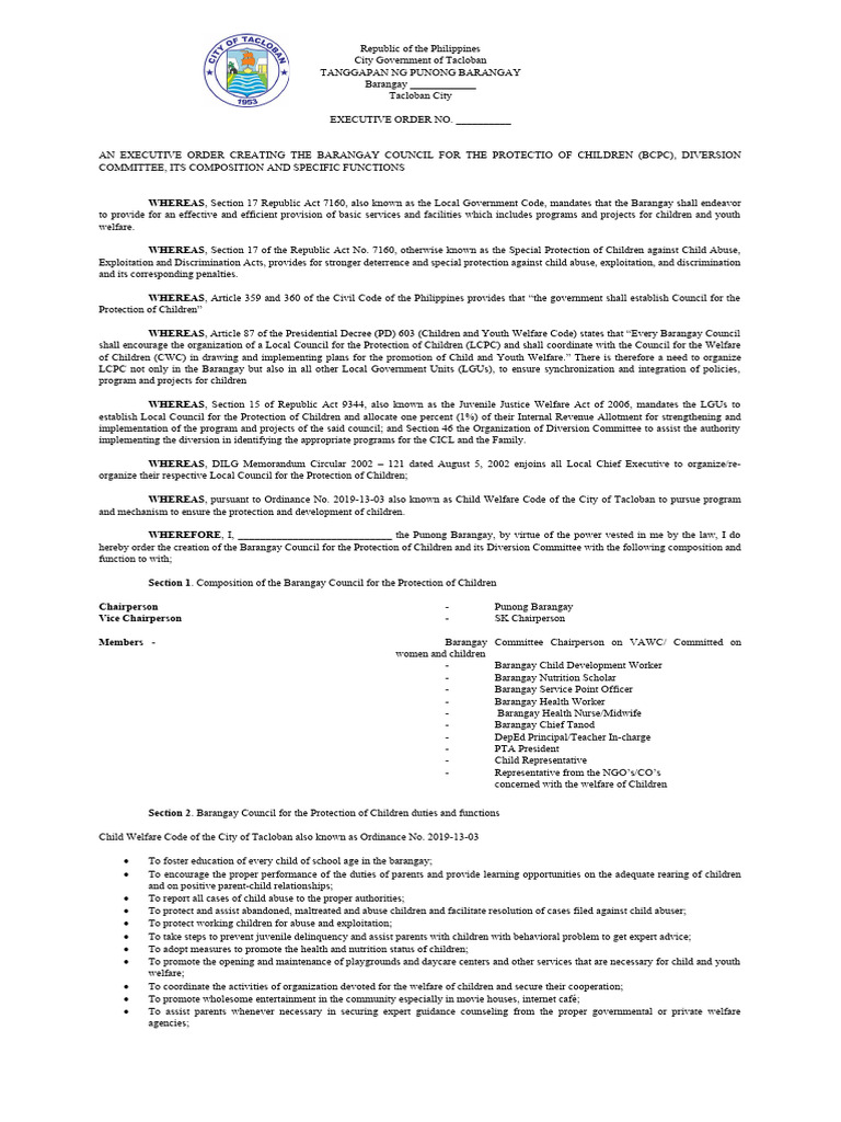Tacloban's Child Protection Council Executive Order | PDF | Child ...