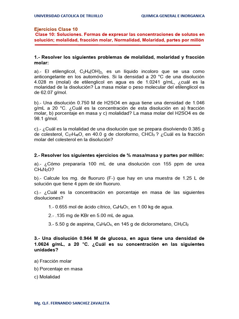 Ejercicios Sesion 10 de Quimica General e Inorganica | PDF | Concentración | Química