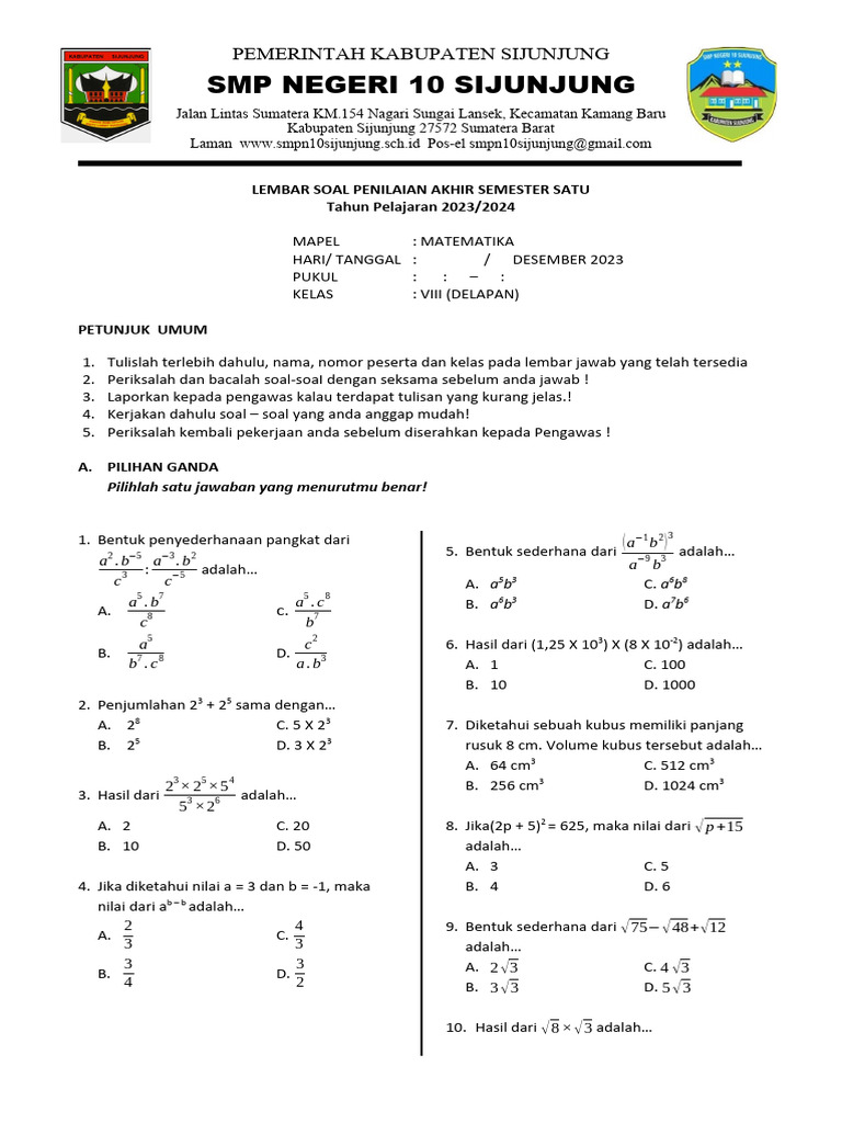 Soal Uas MTK Kelas 8 TP 23-24 | PDF