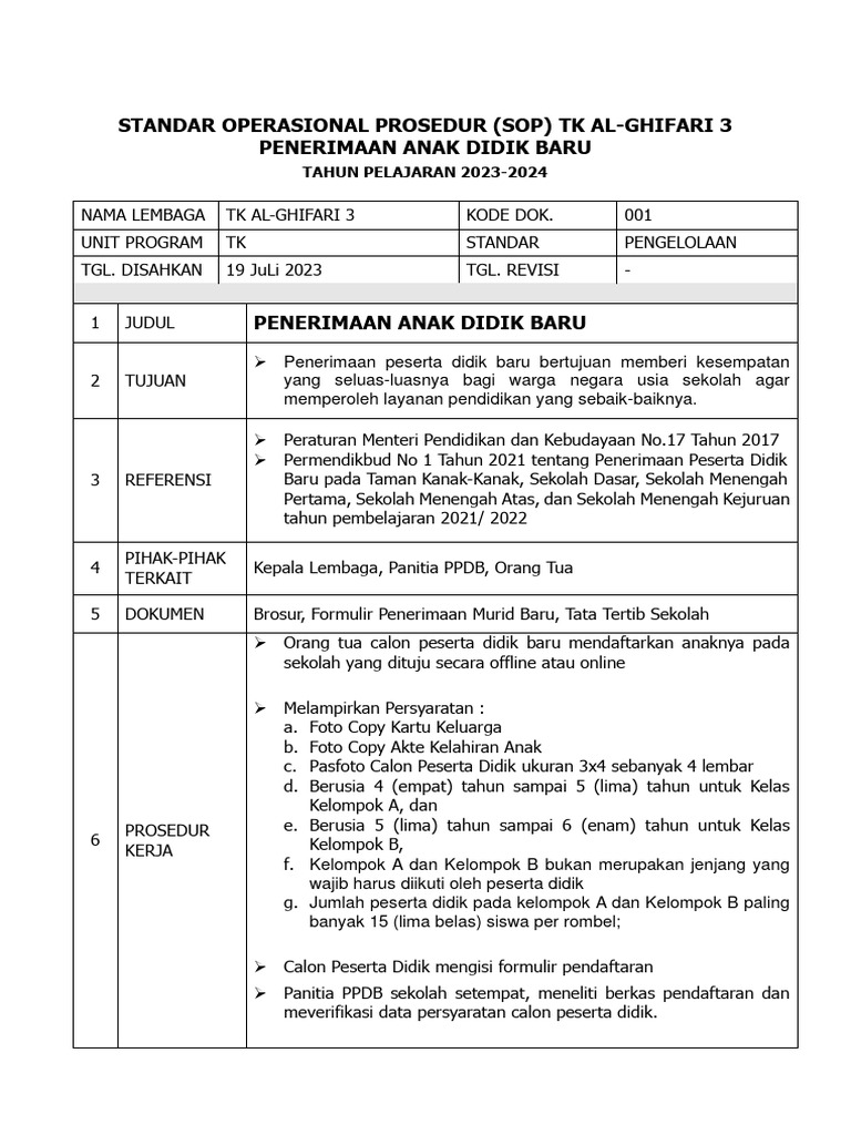 6.3.1 Sop Penerimaan Peserta Didik Baru TK Al-Ghifari 3 | PDF