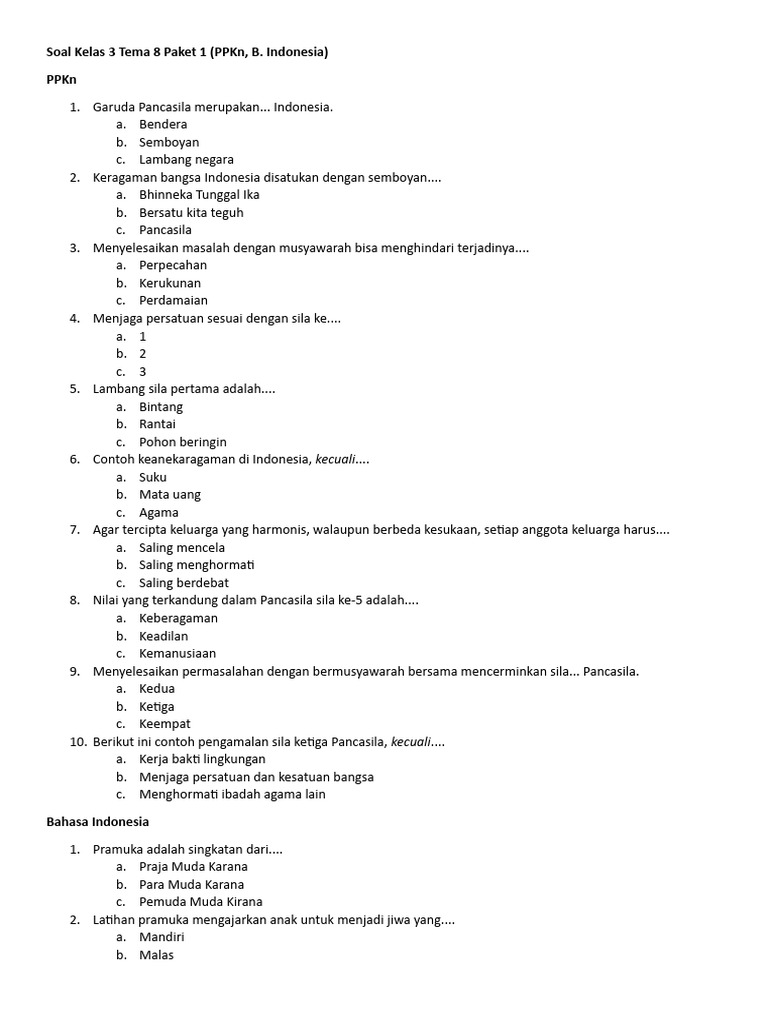 Soal Kelas 3 Tema 8 Paket 1 (PPKN, B. Indonesia) | PDF | Olahraga & Rekreasi | Kajian Bahasa Asing