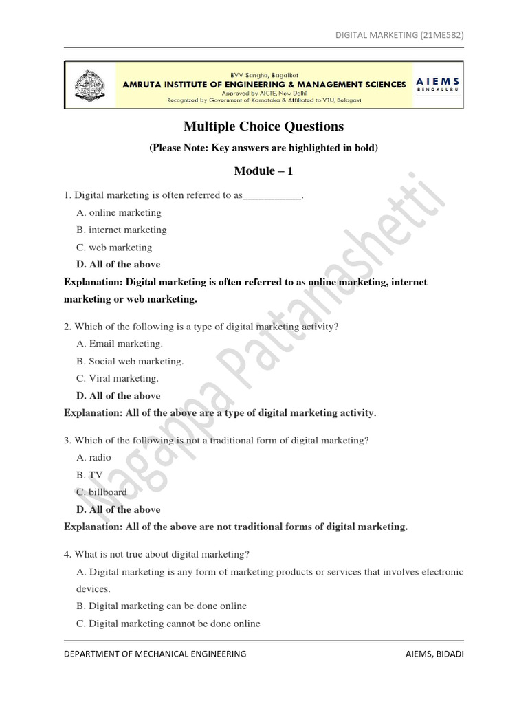 Digital Marketing MCQ With Answers | PDF | Websites | World Wide Web