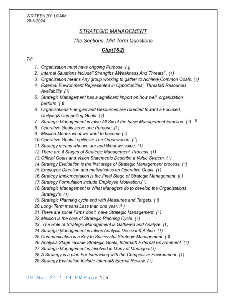 STRATEGIC MANAGEMENT Section MidTerm Questions | PDF | Strategic ...