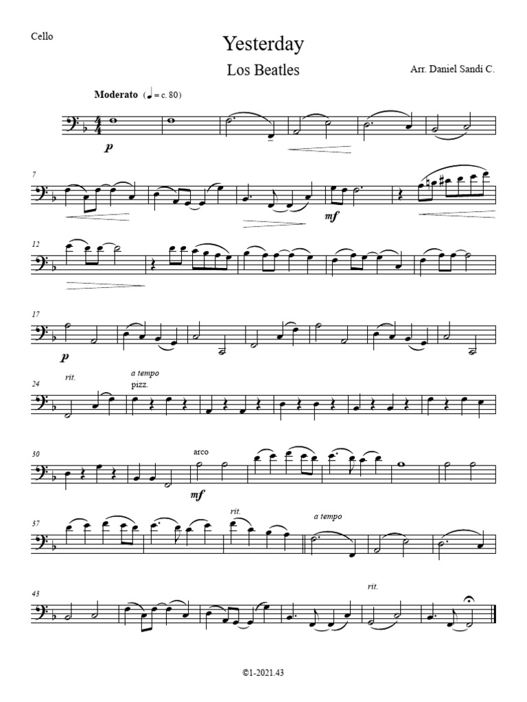 Yesterday - Cello | Download Free PDF | Musical Notation | Musical ...