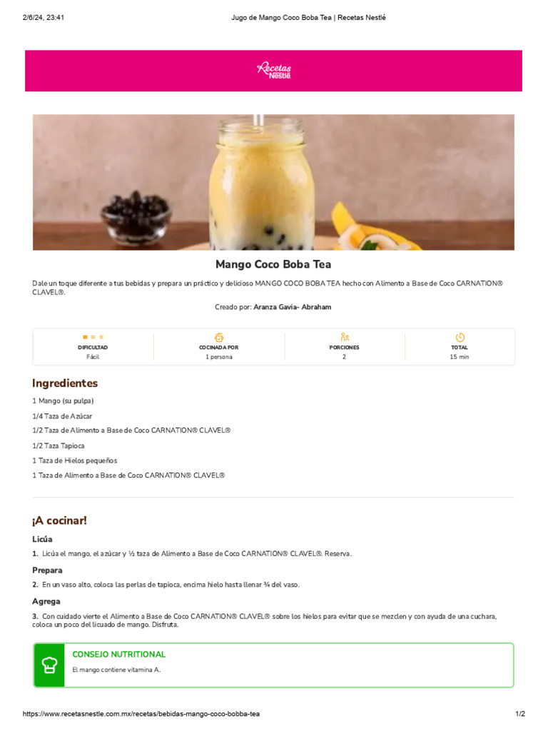 Jugo de Mango Coco Boba Tea - Recetas Nestlé | PDF | Cocina, comidas y vino