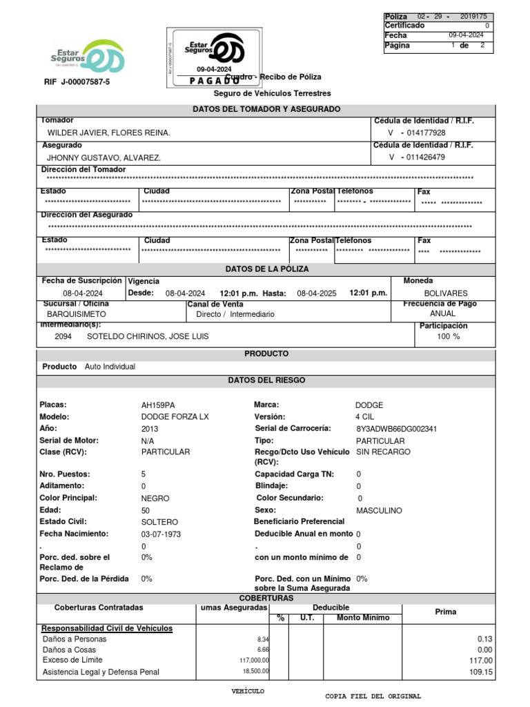 RCV Forza | Descargar gratis PDF | Póliza de seguros | Derecho civil (sistema legal)