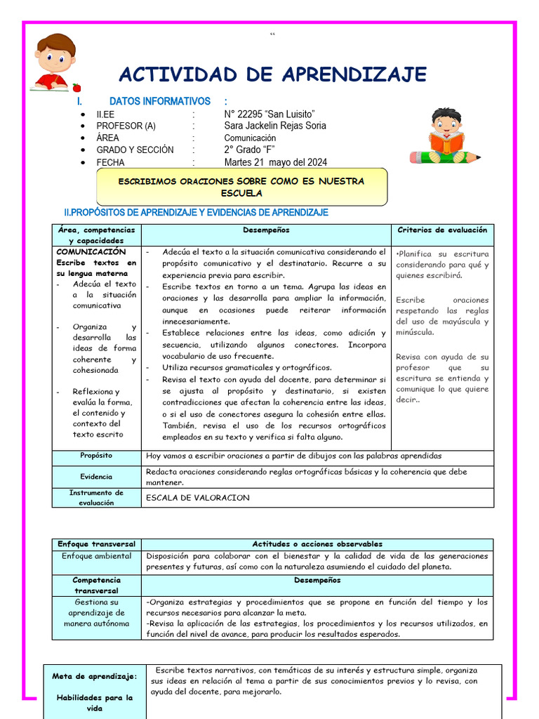 Oraciones simples para 2° grado | PDF | Aprendizaje | Evaluación