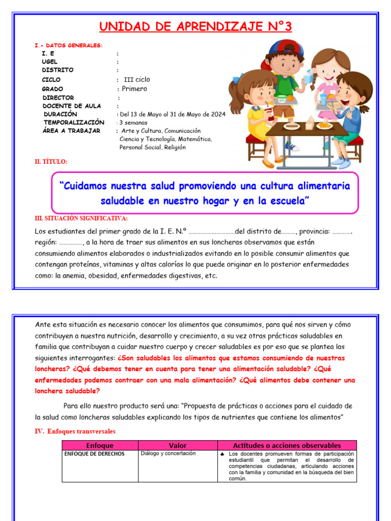 Unidad de Aprendizaje N 3 - Primer Grado - 2024 | PDF | Alimentos | Dios