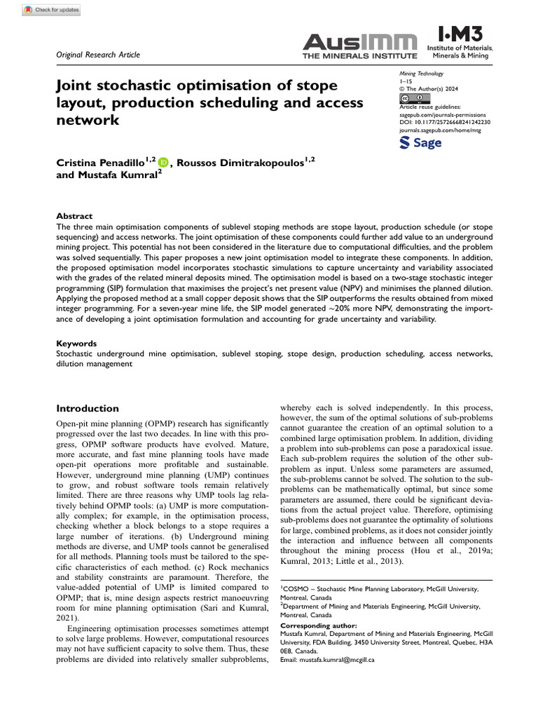 Penadillo Et Al 2024 Joint Stochastic Optimisation of Stope Layout Production Scheduling and ...