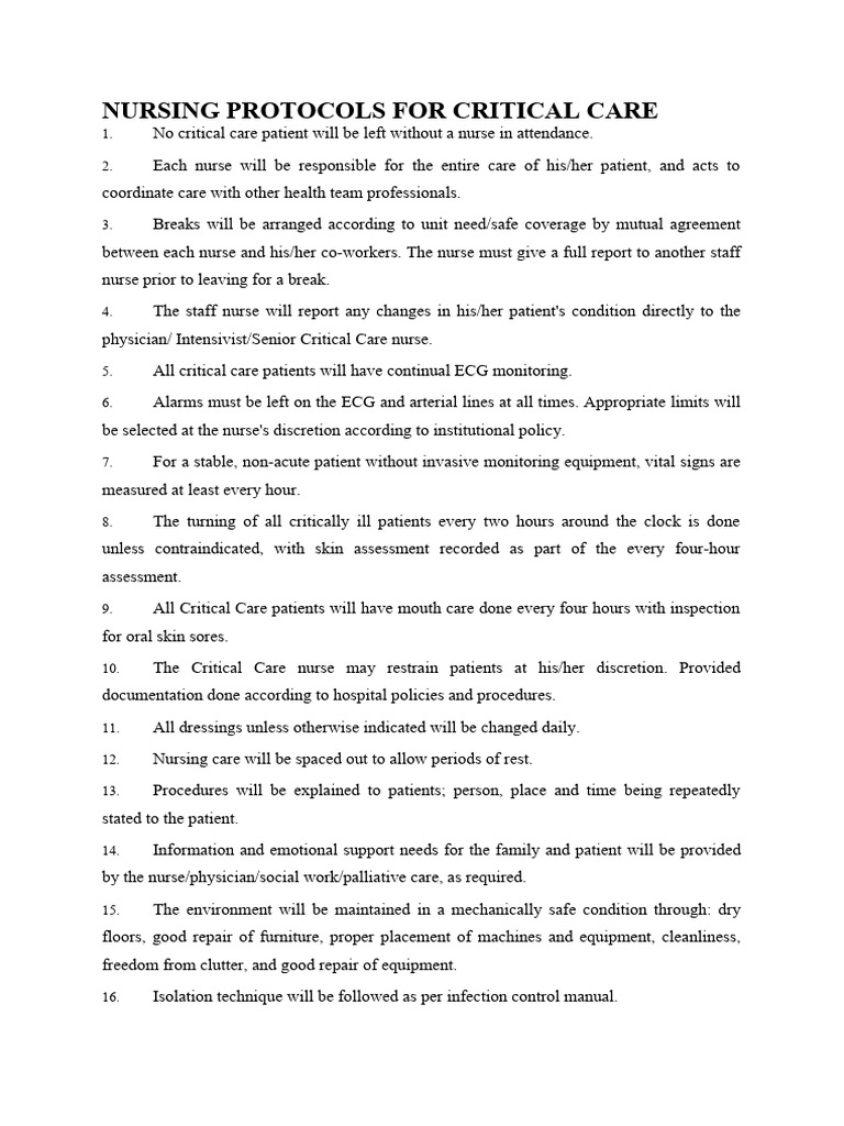 Nursing Protocols For Critical Care | PDF | Nursing | Intensive Care ...