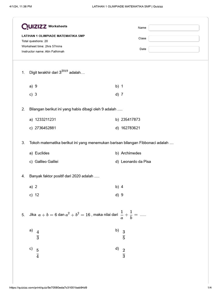 LATIHAN 1 OLIMPIADE MATEMATIKA SMP - Quizizz | PDF