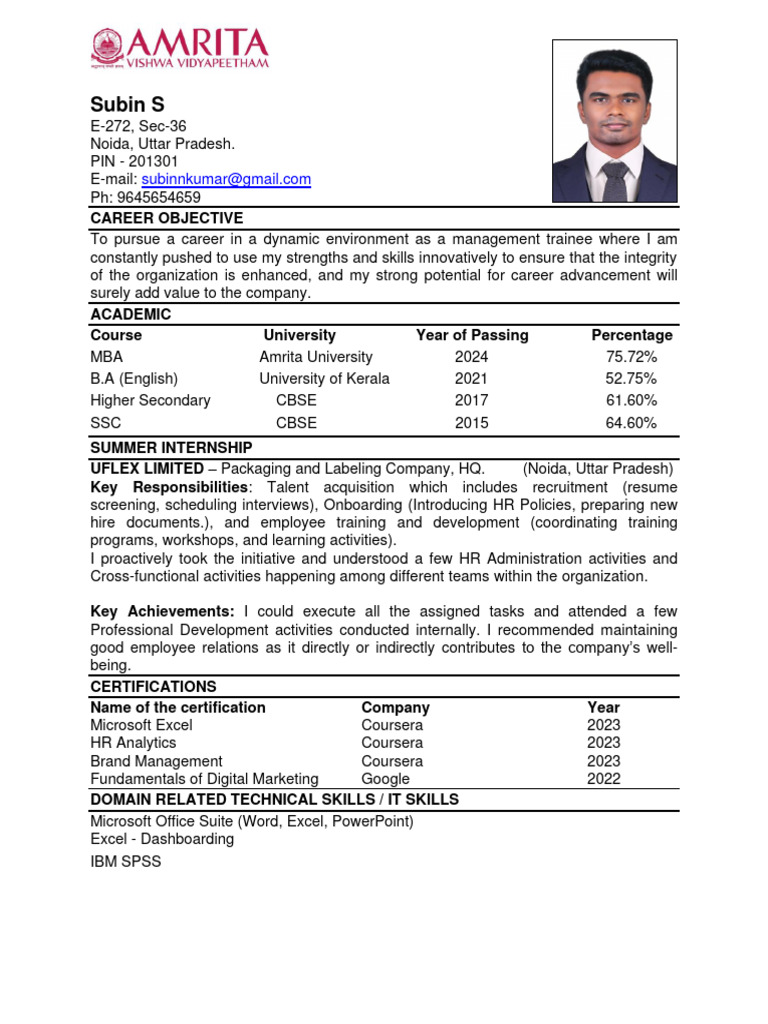 Subin.S CV Internship | PDF | Microsoft Excel | Business