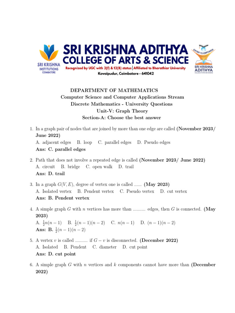 Discrete UQ (Unit-5) | PDF | Vertex (Graph Theory) | Mathematical Relations