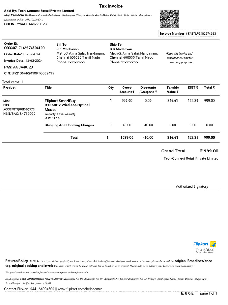 Flipkart Mouse Invoice | PDF | Payments | Government Finances