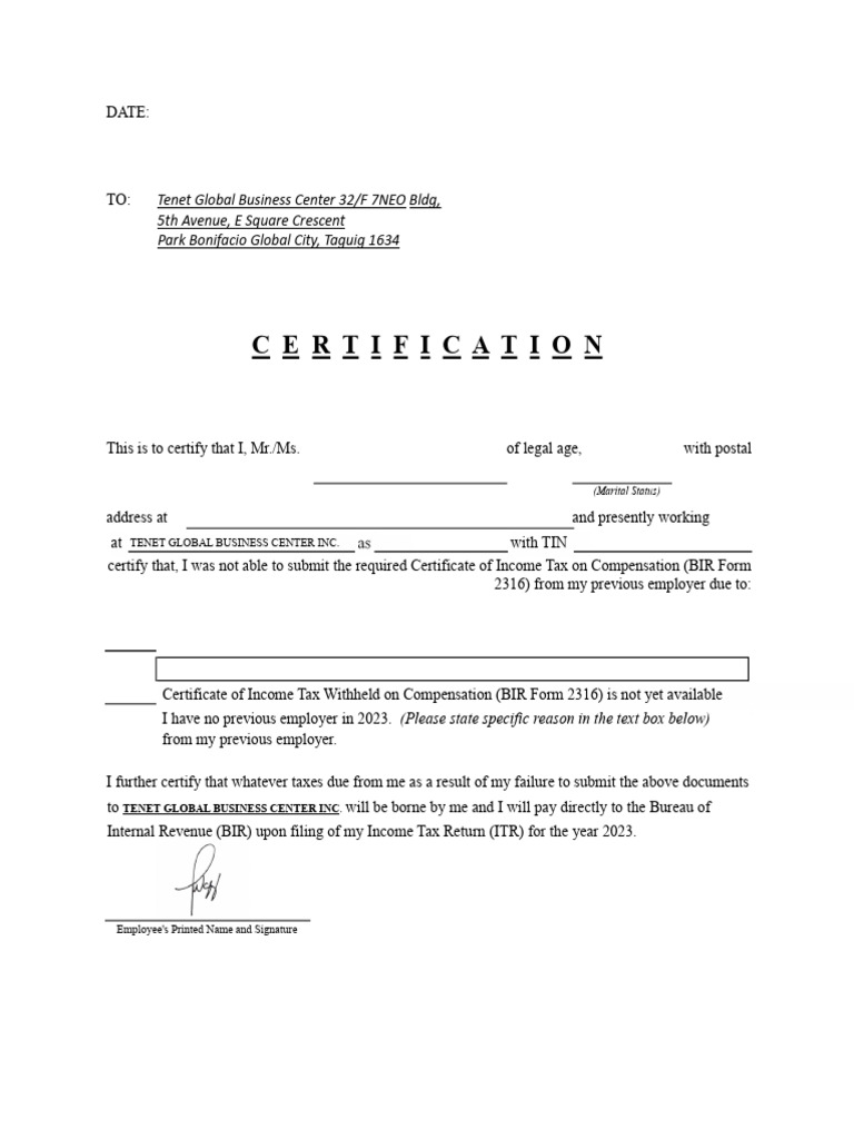 BIR 2316 Waiver 2023 | PDF | Business | Law