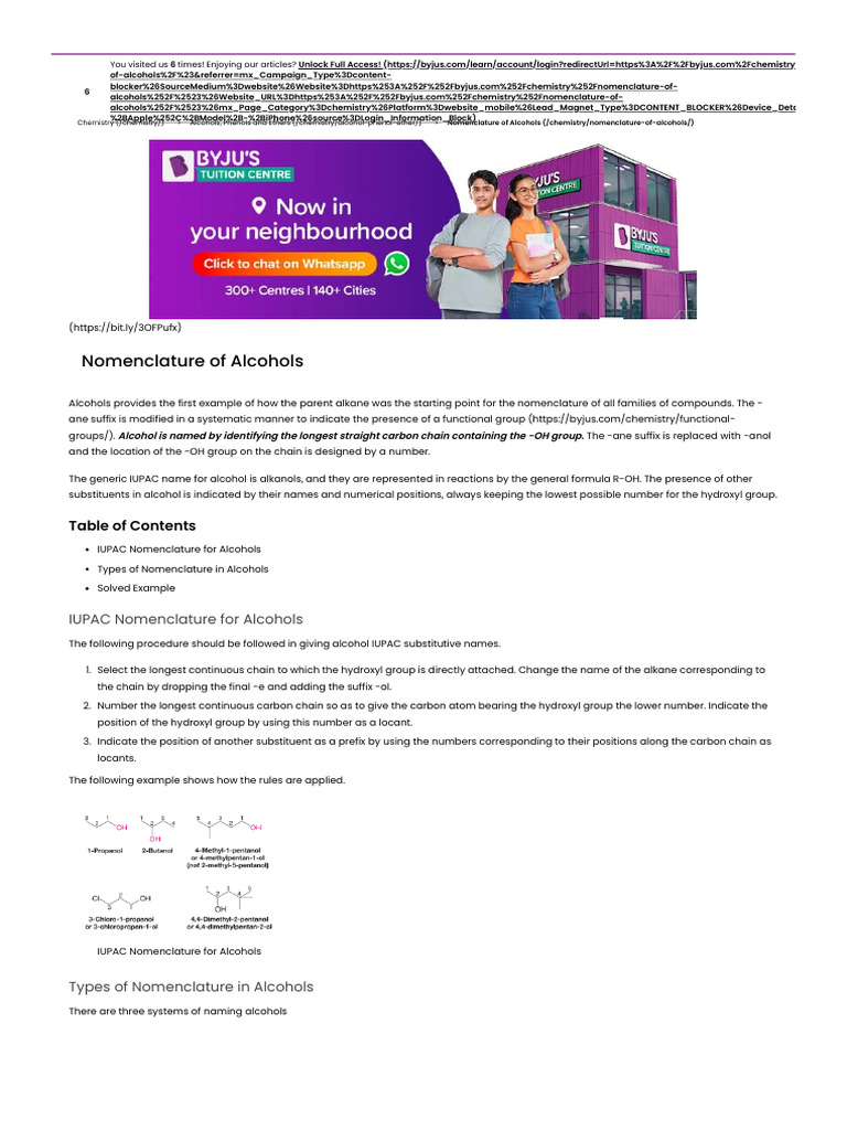 Nomenclature of Alcohols with Rules & Examples | PDF | Methyl Group ...