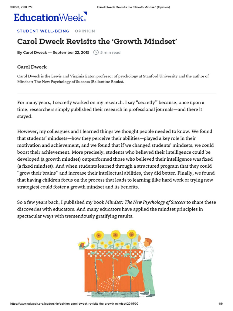Carol Dweck Revisits The Growth Mindset Opinion Pdf Mindset