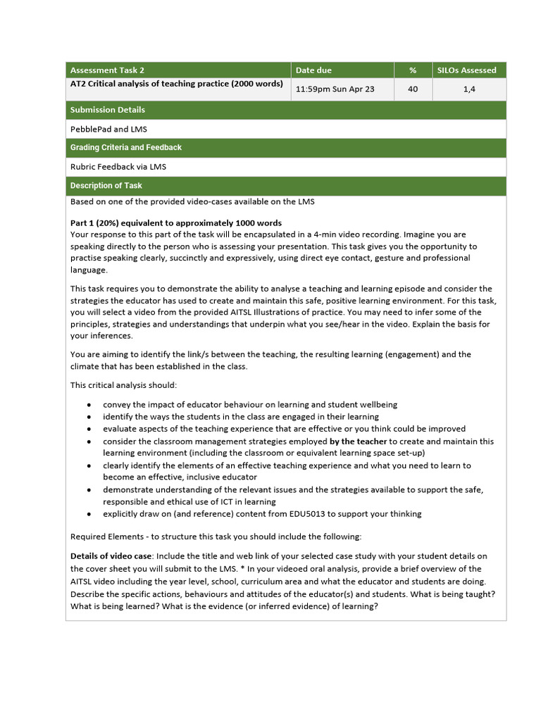 Task 2 Critical Analysis of Teaching Practice Instructions | PDF ...