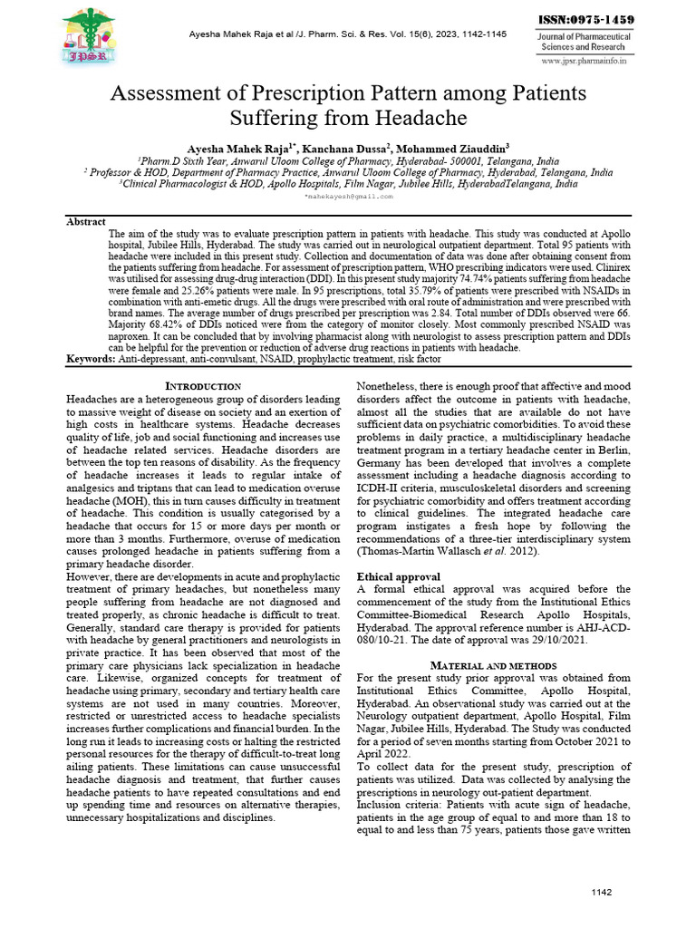 Assessment of Prescription Pattern Among Patients Suffering From Headache | PDF | Headache ...
